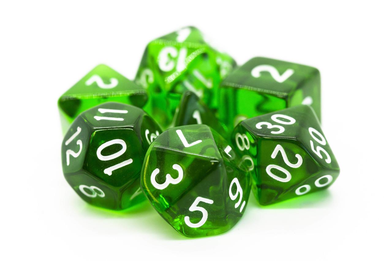 Old School Dice Translucent Dice Poly Set Green w/White (7) New